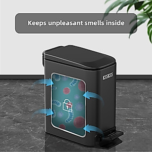 KSSKSS Small Bathroom Trash Can with Soft Close Lid, 6L / 1.6 Gallon Stainless Steel Garbage Can with Removable Inner Bucket, Step Pedal, Slim Wastebasket for Bedroom, Home Office (Matt Black)