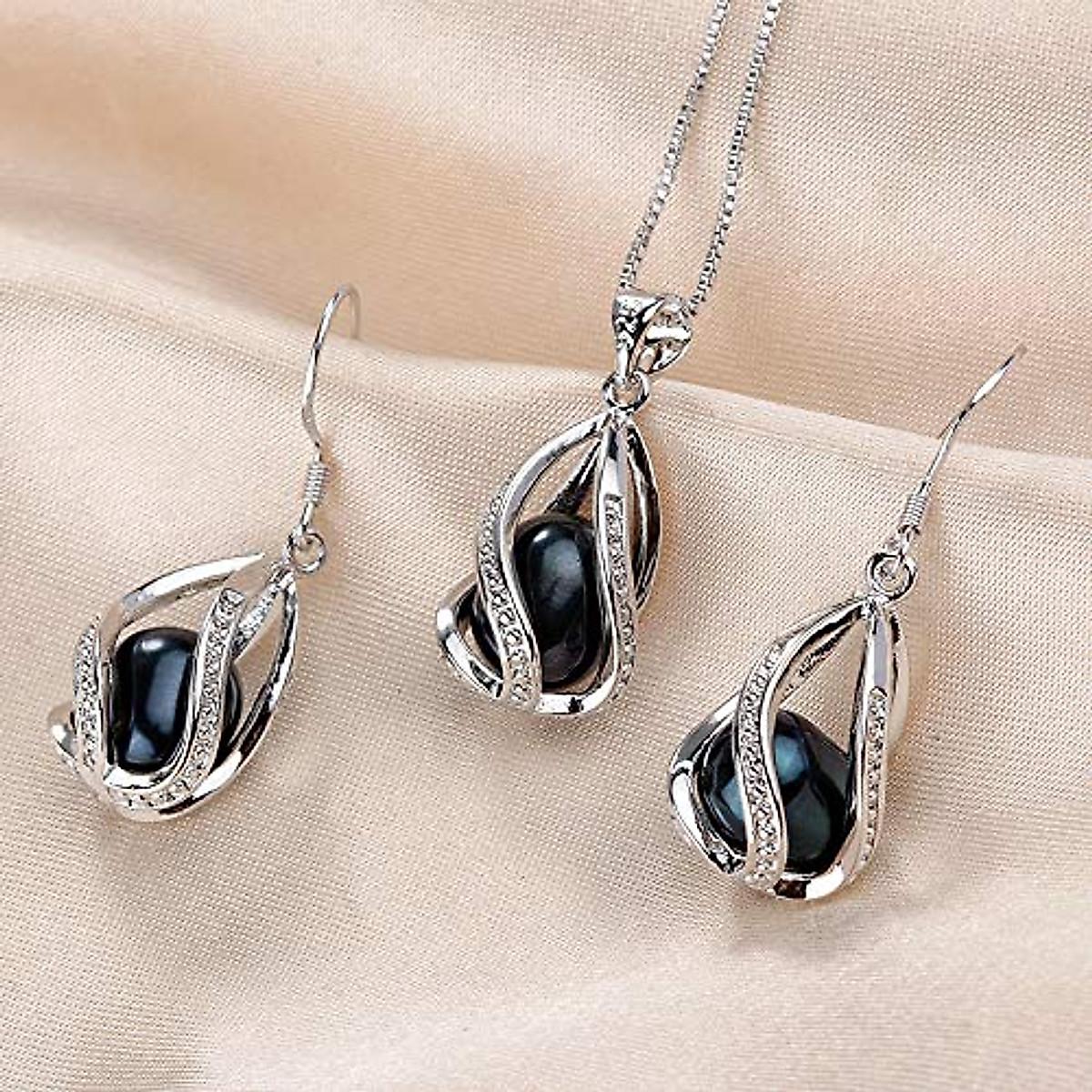 HENGSHENG 100% Natural Freshwater Pearl Jewelry Sets For Women Fashion 925 Sterling Silver Earrings&Pendant Wedding Jewelry Black