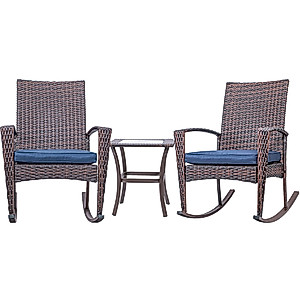 3 Piece Wicker Patio Furniture Sets, Outdoor Wicker Rocking Chairs Patio Bistro Set, Rattan Chairs Patio Furniture Set for Porch Lawn Poolside Backyard with Glass Coffee Table, Brown and Navy