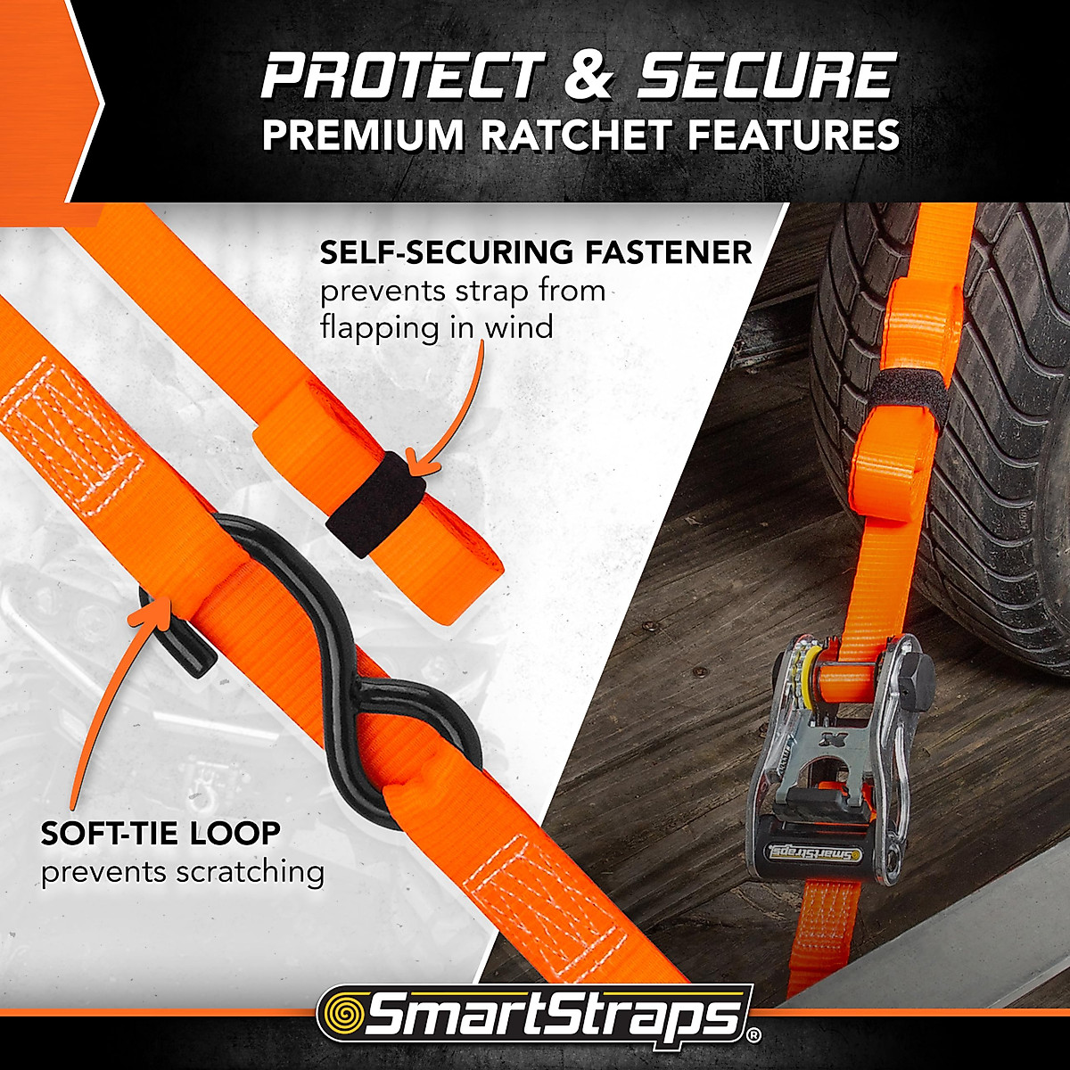 SmartStraps 14’ Premium Ratchet Straps, 4 Pack – 3,000lbs Break Strength, 1,000lbs Safe Work Load – Haul Heavy-Duty Loads Such As Boats and Appliances
