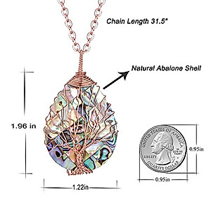 Tear Drop Abalone Tree of Life Necklace - Wire Wrap Abalone Shell Tree of Life Healing Crystal Pendant Necklace Fashion Rose Gold Plated Necklace Jewelry for Women