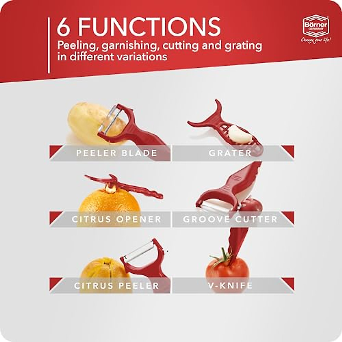 Börner Vegetable Peeler (6-in-1) • Garnishing Peeler with Grater • Multifunctional Peeler for Fruits & Vegetables • Fruit Peeler, Universal Peeler, Potato Peeler • Color: Red