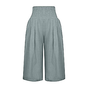 2 Piece Pants Set for Women Capri Pants Casual Summer Smocked Elastic High Waisted Linen Pant Solid Loose Wide Leg Capris Trousers