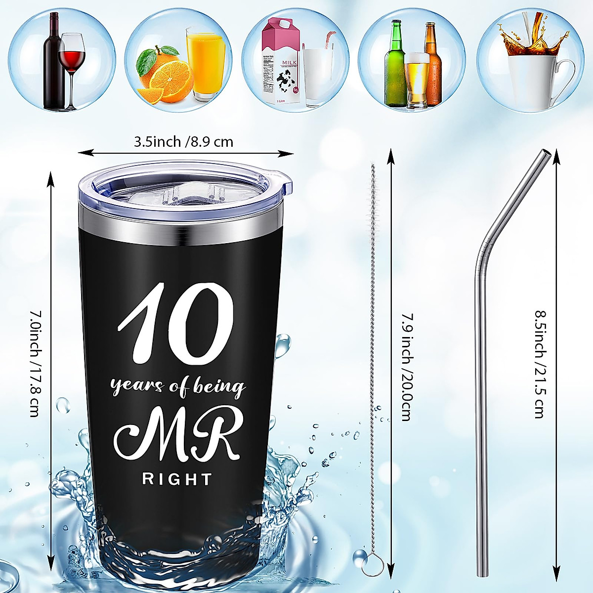 Cunhill 2 Pcs Wedding Anniversary Coffee Mug Being Mr/Mrs Always Right Present Set Anniversary Presents for Couple 20 oz Mug Tumbler with Lids for Grandparents Parents (10th Tumbler)