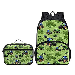 Drydeepin Cartoon Farm Tractor Kids Backpack with Lunch Box for Boys Lightweight School Bag Set 2 In 1 Backpack and Lunch Bag Middle School Primary School Student Bookbag Casual Daypack