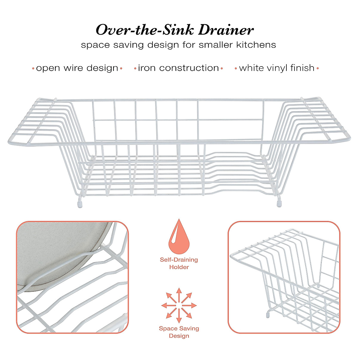Kitchen Details Sink Dish Drainer Drying Rack, for Countertop, Space Saving, in White
