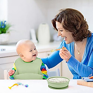 Baby Feeding Set, BPA free, Food Grade Silicone Dinner Plate and Cutlery Set, Learn To Eat on Your Own, Set Includes Suction Cup Bowl, Spoon, Bib and Cup (Fruit Green)