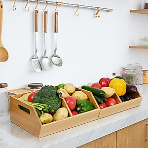 Ollieroo Bamboo Stackable Storage Bin, Pantry Organizer and Storage Baskets, Potato and Onion Kitchen Organizer, Kitchen Storage Containers for Produce, Fruit, Bread, Vegetable, Garlic, Pack of Two