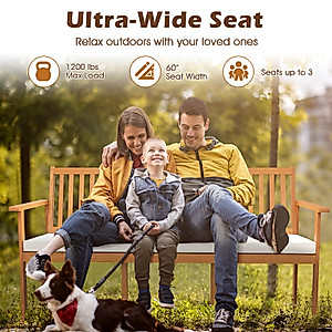 Tangkula Outdoor 3-Seat Wood Bench, 64 Inches Extra Long Acacia Chair w/Seat Cushion, Slatted Seat & Backrest, Patio 3-Person Bench Seat for Backyard, Porch, Balcony