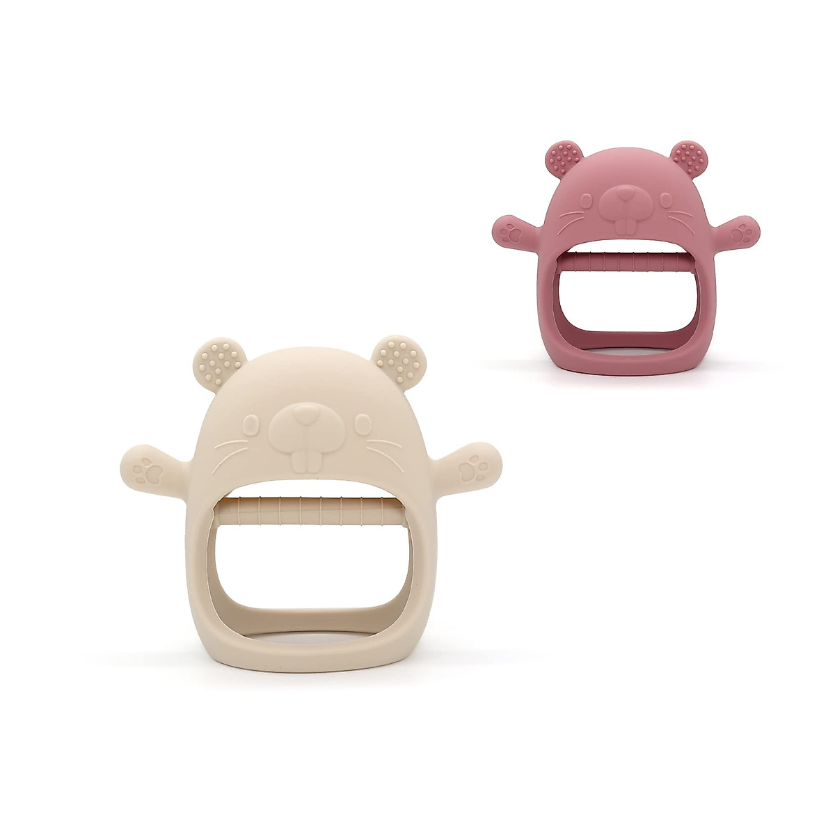 MOMMYS BABY Groundhog Teether Set, Baby Teething Toy, Anti Drop Silicone Mitten Teether, Infant Chew Toy, Teething Pain Relief Toy, Pacifier 2 in 1 |Beige, Dark Pink | Baby Teether Toy
