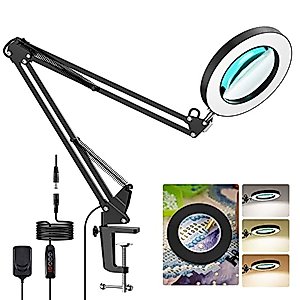 Magnifying Glass with Light, 5X Magnifying Lamp with Clamp,Lighted Magnifier Hands Free, Dimmable Magnifying Work Light for Hobby Crafts (Black)