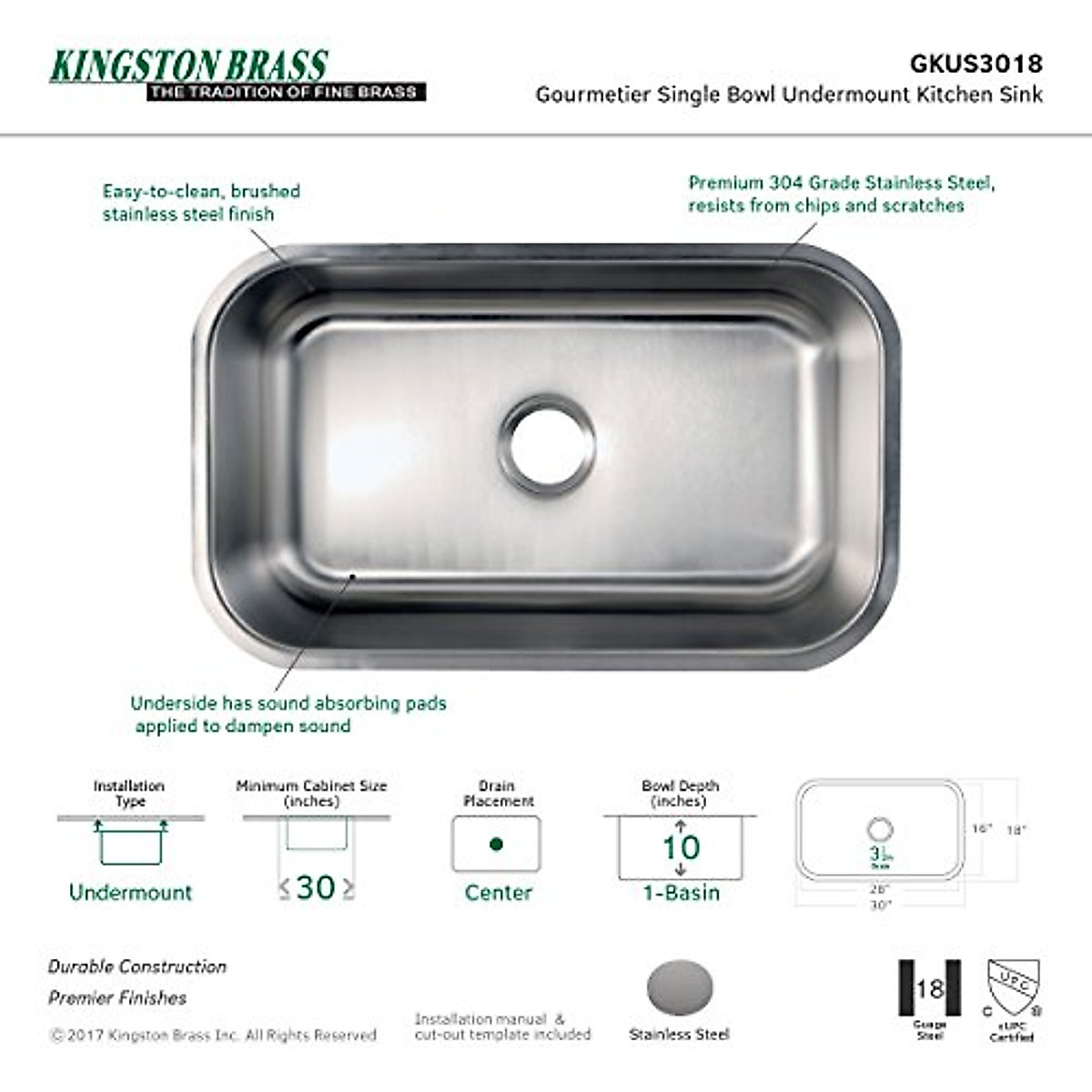 Kingston Brass Gourmetier GKUS3018 Undermount Single Bowl Kitchen Sink 30-Inch-Length by 18-Inch-Width by 10-Inch-Depth, 18 Gauge, Brushed Stainless Steel