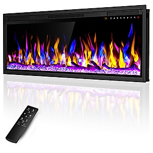 42 Inch Electric Fireplace Heater, Recessed in-Wall and Wall-Mounted Linear Heater Fireplace,13 Adjustable Flame Color and 5 Brightness,Touch Screen & Remote Control,1500/750W, Black