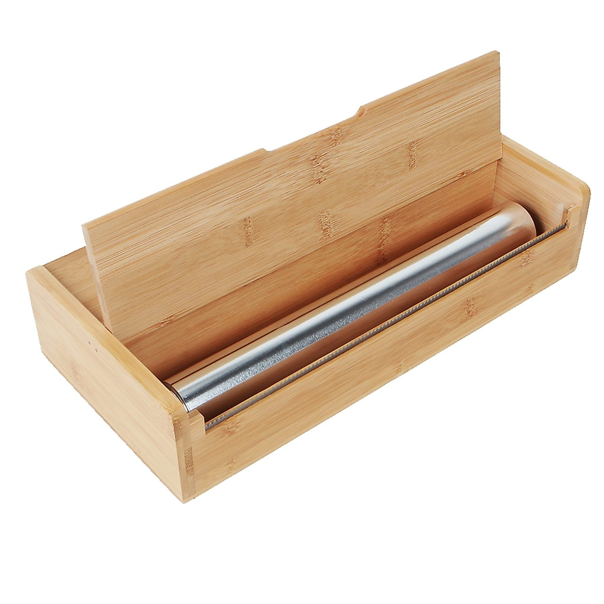Calsign Plastic Wrap Dispenser with Cutter Bamboo 2 in 1 Aluminum Foil Organizer and Wax Paper Holder for Kitchen Drawer Compatible with 12" Roll Parchment Paper Cling Wrap Reusable Dual Organization