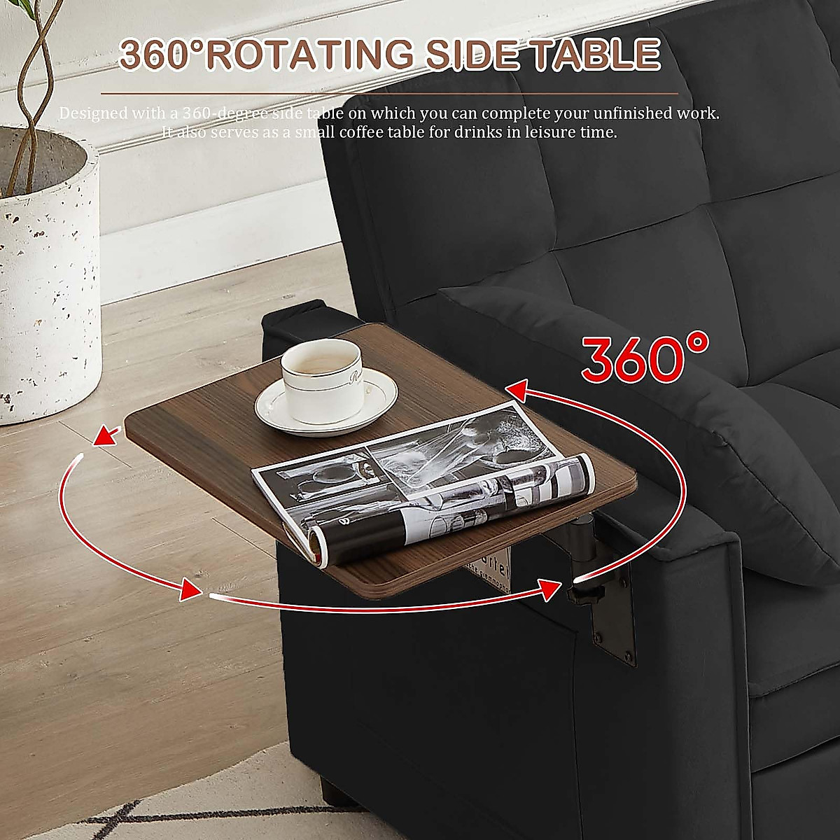 Antetek 3 in 1 Convertible Sofa Bed w/360° Rotating Side Table, 47" Modern Velvet Loveseat Sofa, Small Sleeper Pullout Bed w/Adjustable Backrest for Living Room Apartment, Office, Small Space, Black