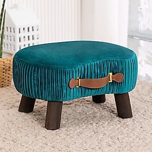 LUE BONA Small Curved Foot Stool with Handle, Velvet Footstool and Ottomans, Modern Foot Rest with Wooden Legs, Step Stool with Padded Seat for Couch, Living Room, Teal