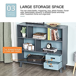HOMCOM 3-Tier Child Bookcase Open Shelves Cabinet Floor Standing Cube Storage Organizer with Drawers - Dark Blue