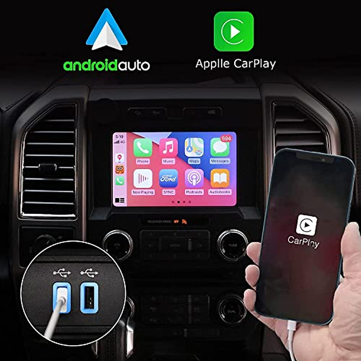 Heffchi Apple carplay sync 3 hub Module,Dual USB Interface Moudule,Compatible Ford sync 3 USB hub Dual,HC3Z-19A387-E/ HC3Z-19A387-B Blue