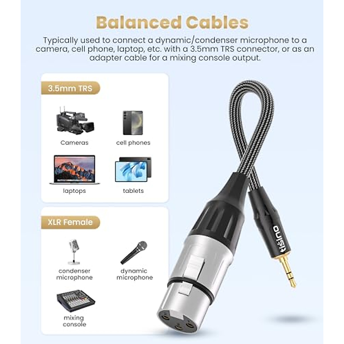 tisino XLR to 3.5mm Balanced Cable Adapter, Gold-Plated XLR Female to 1/8 inch Mini Jack Aux Mono Audio Cord for Shotgun or Condenser Microphones - 1ft