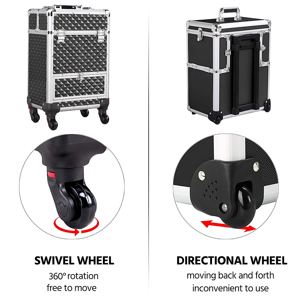 Topeakmart Professional Large Makeup Case, Professional Rolling Cosmetic Organizer Trolley, Portable Travel Makeup Train Case, With Drawer, Locks and Wheels - Black