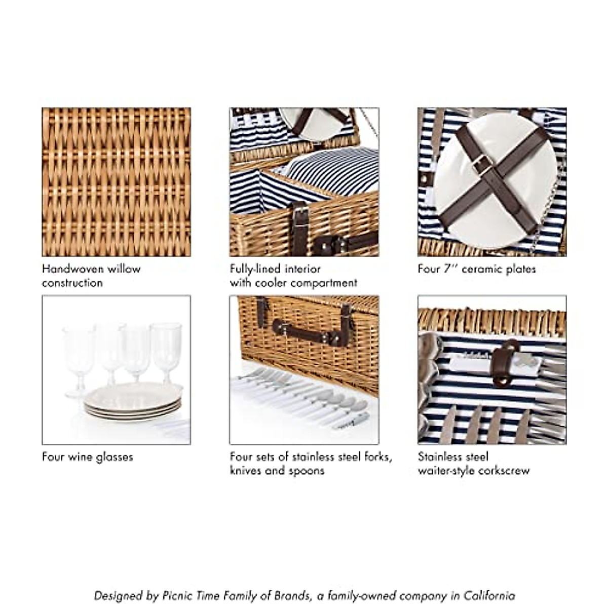 PICNIC TIME Belmont Picnic Basket for 4 - Wicker Picnic Baskets - 4 Person Picnic Set, Navy Blue & White Stripes