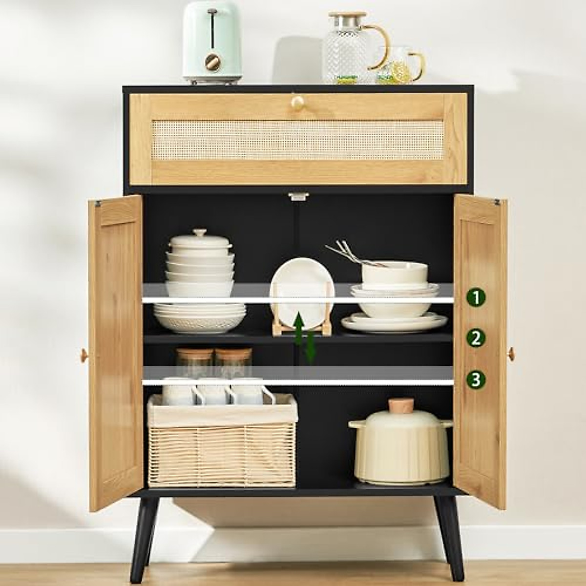 Quimoo Tall Storage Cabinet, Rattan Cabinet with Adjustable Shelf & Large Drawer, Boho Storage Cabinet, Accent Cabinet for Entryway, Living Room, Black