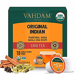 VAHDAM, Organic Original Masala Chai Tea K Cup (18 Pods) Caffeinated Rich Black Tea Pods | Keurig Compatible | BPA Free & Recyclable Pods | Single Serve Spiced Masala Chai Tea Pods