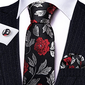Barry.Wang Men's Classic Floral Necktie Set,Black Red,One Size