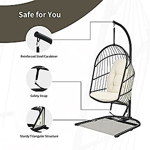 WYKDD Hanging Wicker Egg Chair w/Stand Cushion Foldable Outdoor Indoor Beige