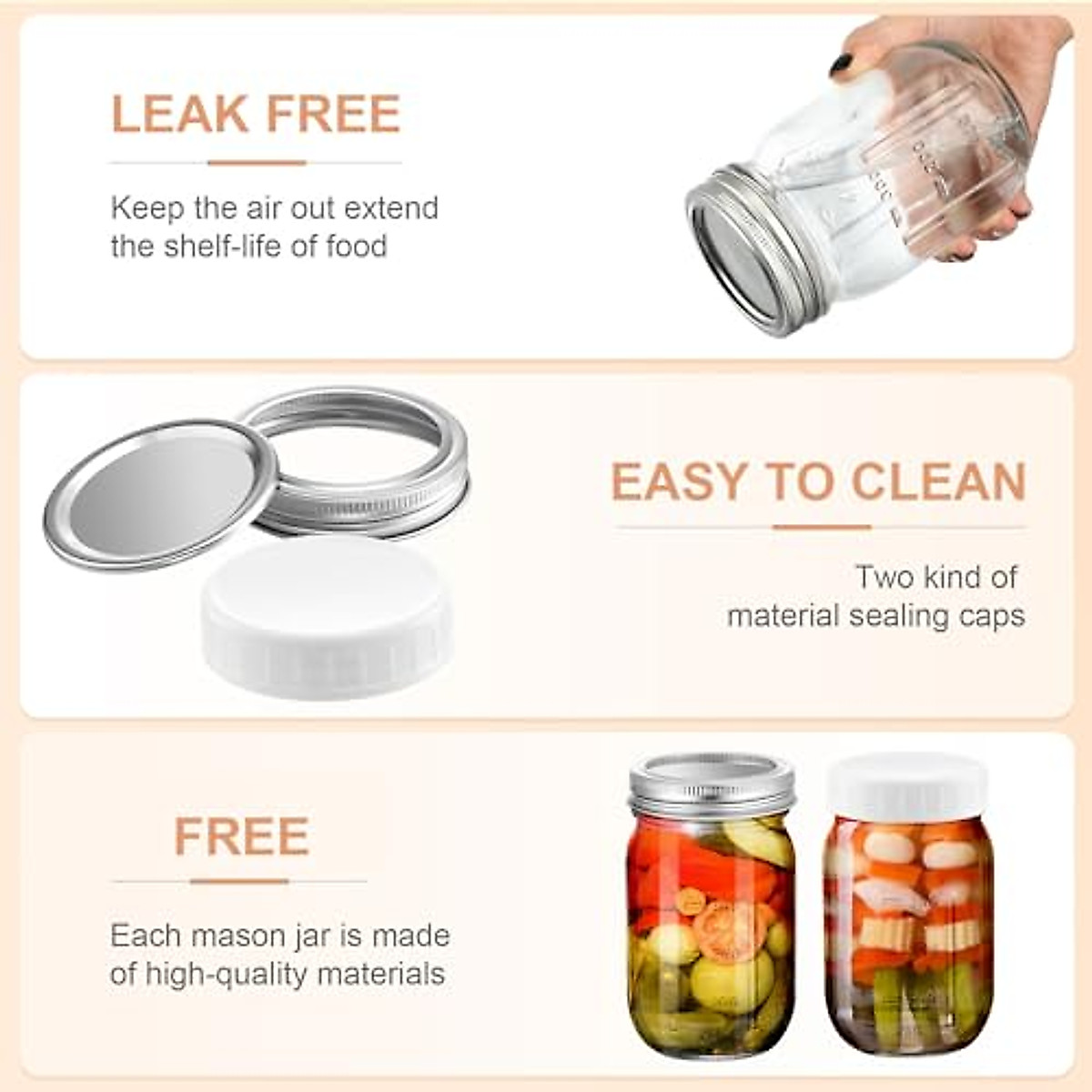 16 oz 6 Pack Glass Mason Jars with Plastic and Metal Airtight Lids Regular Mouth Glass Jars Clear Canning Jars for Food Storage Overnight Oats Food Snacks Candies DIY Projects (Wide Mouth)