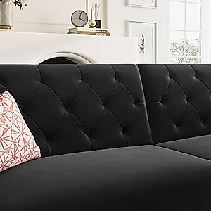 HONBAY Convertible Sofa Bed Velvet Sleeper Couch with Adjustable Armrests Tufted Futon for Living Room and Bedroom, Black