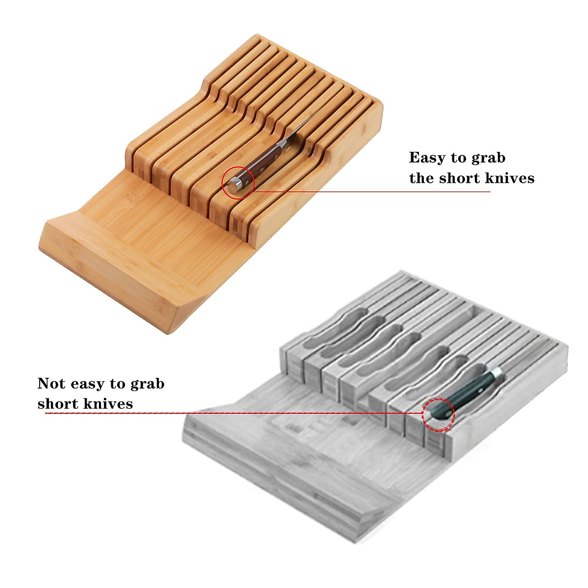 Bamboo Kitchen Drawer Knife Block, In drawer Knife Holder, Knife Drawer Organizer fit for 13 knives