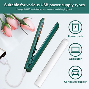 2 in 1 Hair Straightener and Curler, Mini Hair Curler USB Ceramics Cordless Heating Straightening Curling Flat Iron (Green)