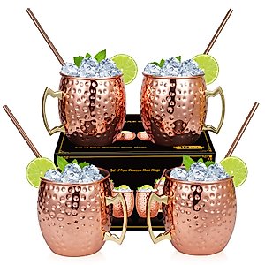 Widousy Moscow Mule Copper Mugs - Set of 4-HANDCRAFTED - Solid Copper Mugs 16 oz Gift Set with BONUS ：4 Cocktail Copper Straws
