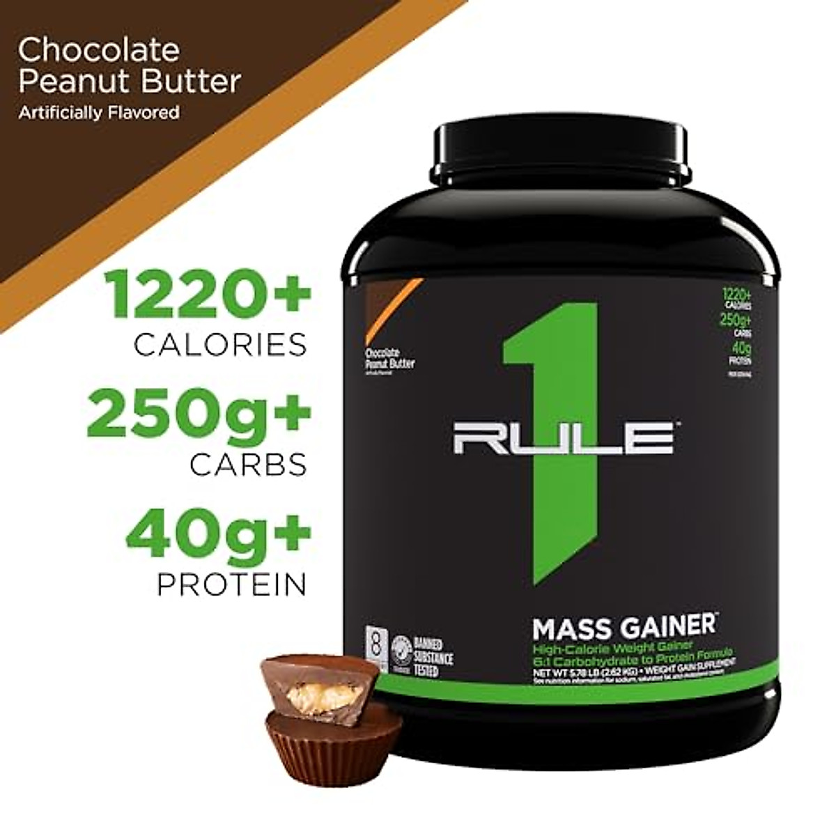 Rule 1 R1 Mass Gainer, Chocolate Peanut Butter - 5.78 Pounds - 40g of All-Whey Protein with 6:1 Carb-to-Protein Ratio - 8 Servings