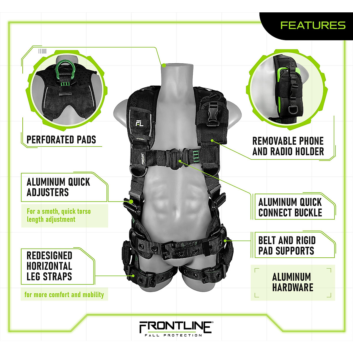 FRONTLINE FALL PROTECTION 250CTB Elite™ Construction Harness | Aluminum Hardware | Suspension Trauma Straps | Reflective Trim| Perforated Pads| OSHA&ANSI (Size:M/L)