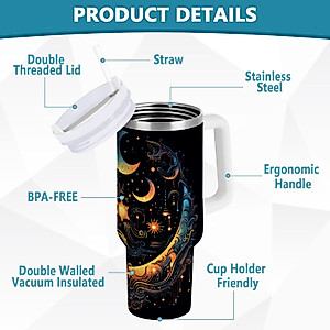 ALAZA Sun Moon Stars Alchemy Witchy 40 oz Tumbler Stainless Steel Water Bottle Vacuum Insulated Cup with Straw Lid & Handle For Travel Car Cup Holder