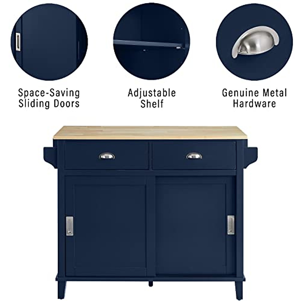 Crosley Furniture Cora Drop Leaf Kitchen Island Microwave Stand, Coffee Bar with Storage Drawers and Shelves, Navy