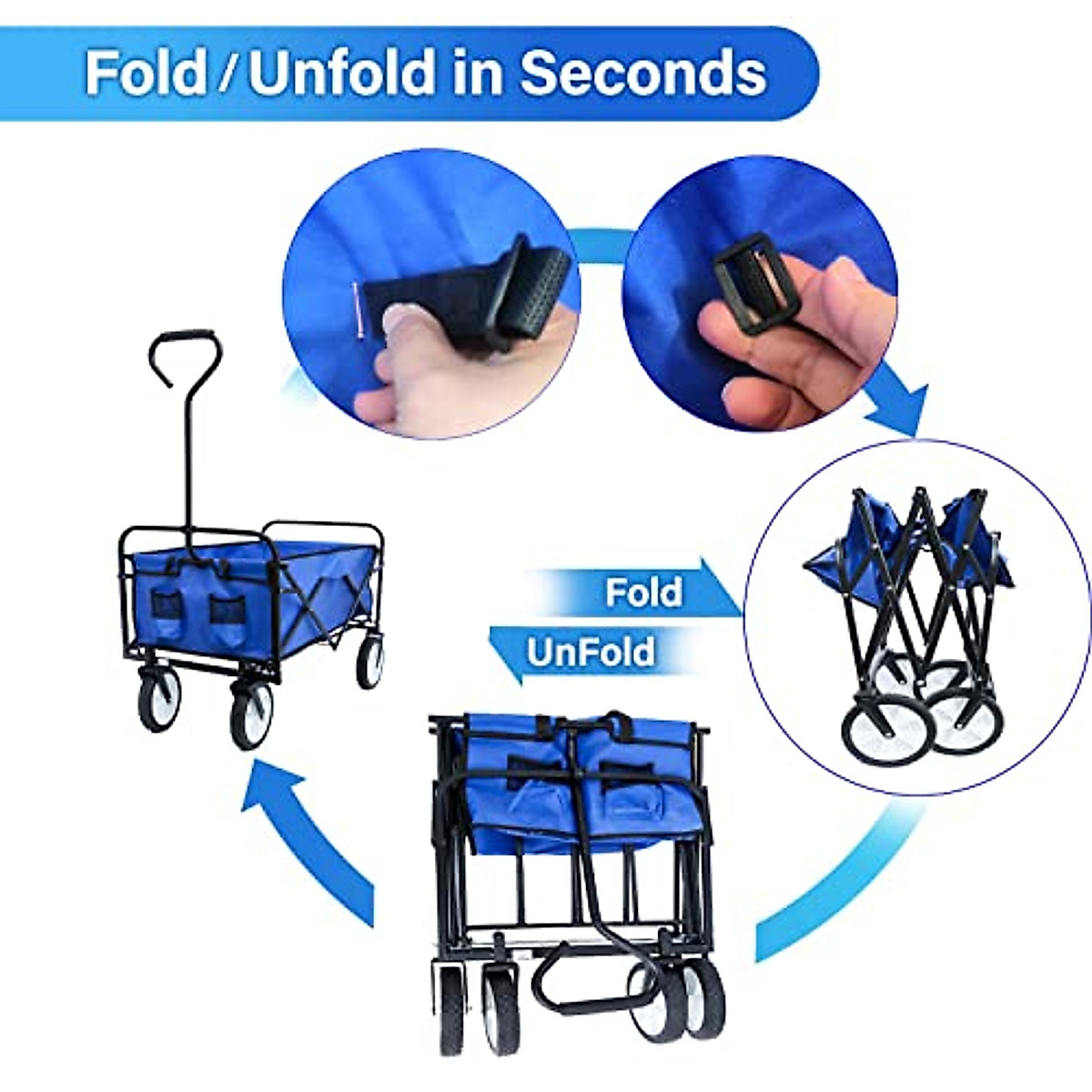 Collapsible Outdoor Utility Wagon Cart with Cup Holder, Large Capacity Folding Garden Shopping Cart,Heavy Duty Foldable Cart, for Activities, Parks, Camping (Blue)