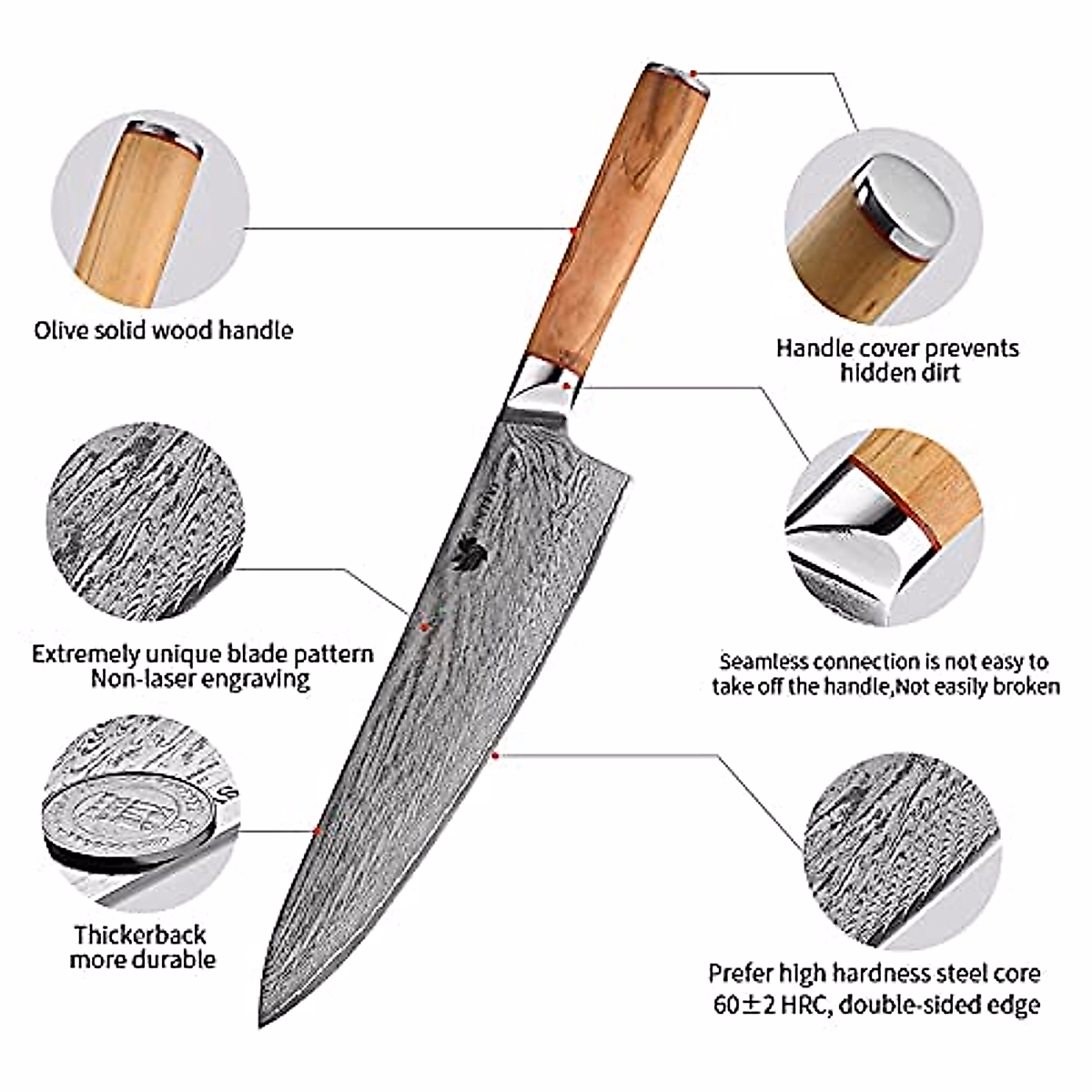 Kitchen Chef Knife Set 7 Pieces, Made of Japnese AUS10 Damascus Steel, Premium Kitchen Knife Set with Olive Wood Handle