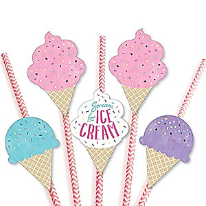 Big Dot of Happiness Scoop Up the Fun - Ice Cream - Paper Straw Decor - Sprinkles Party Striped Decorative Straws - Set of 24