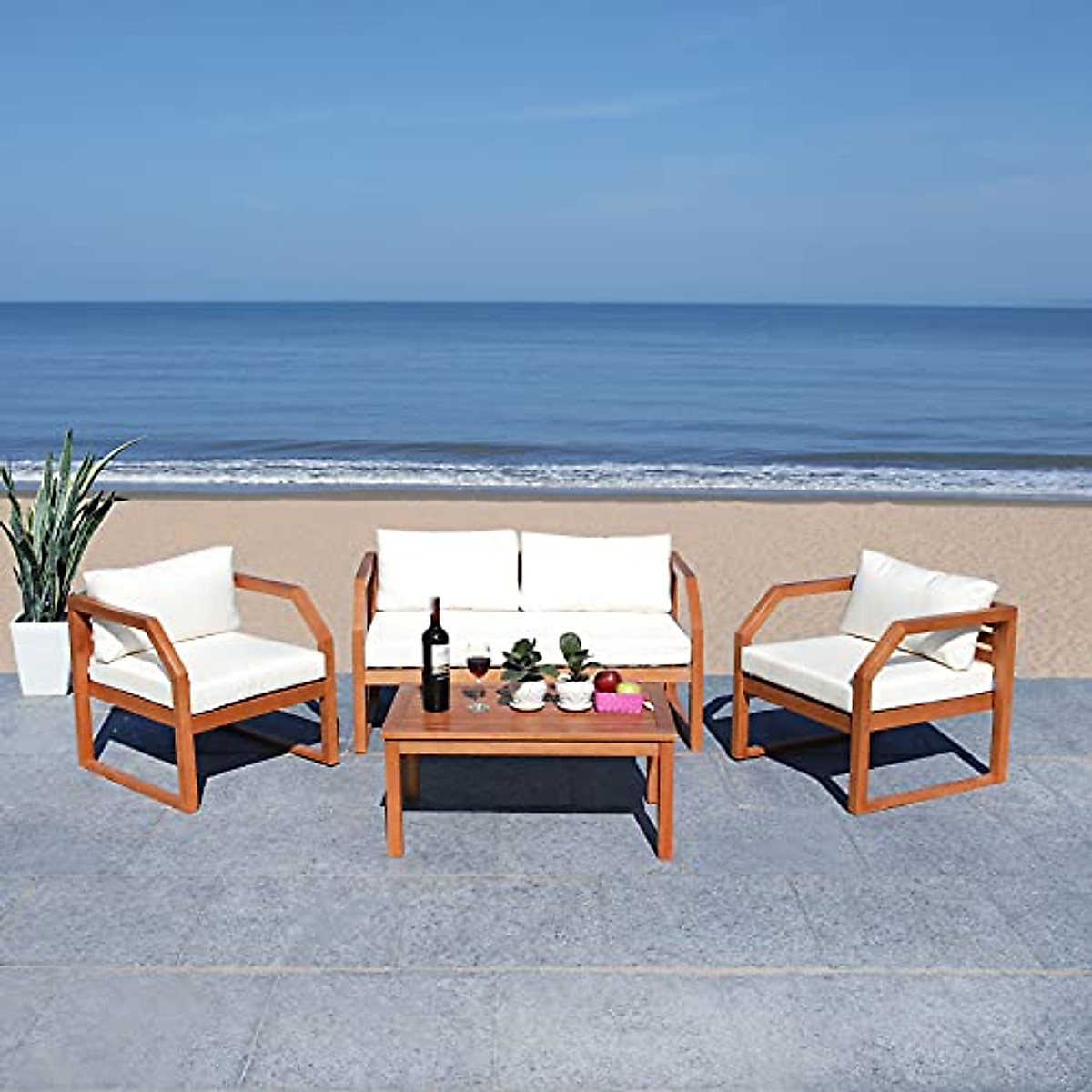 Safavieh PAT7067A Outdoor DREN Natural Brown 4-Piece Beige Seat Cushions Included Patio Set
