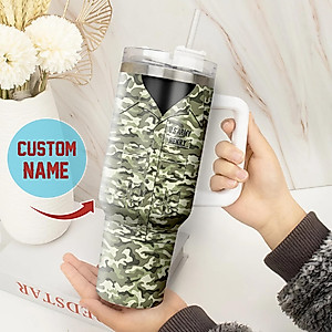 WAZONE Personalized Army Nutrition Facts Tumbler 40oz with Handle and Straw Custom Name Travel Cup Mug Camouflage Pattern Veteran Insulated Stainless Steel Gifts For Veterans Day Military Men