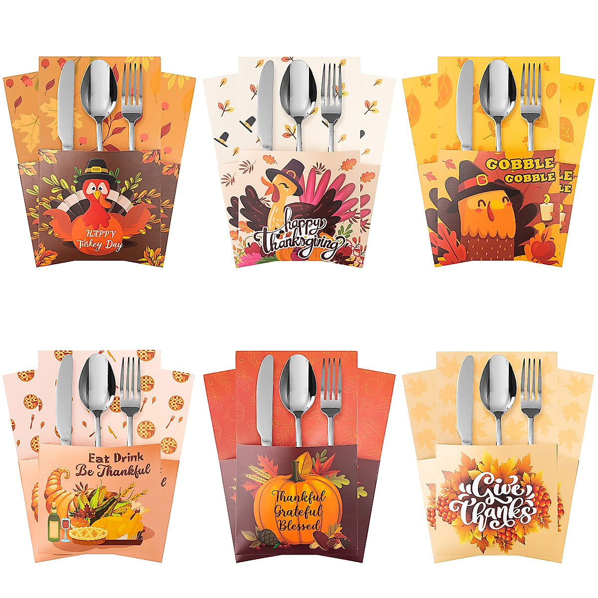 GROBRO7 36Pcs Thanksgiving Cutlery Holders Autumn Silverware Wrap Bag Happy Turkey Day Pumpkin Maple Leaf Tableware Holder Pouch for Knife Fork Fall Harvest Party Supplies for Dinner Table Decor