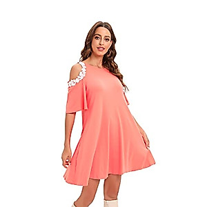 Aofur Summer Cotton Lace Dress Ladies 2023 Cold Sleeve Casual Plus Size S-XXXL Sundress Women Solid Elegant Party Dress(XX-Large,Light Red)
