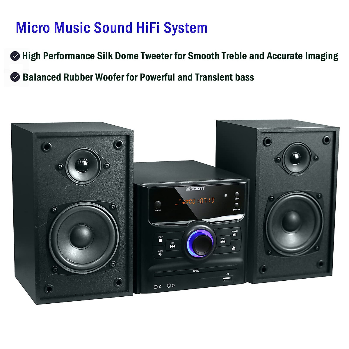 WISCENT Stereo Shelf System for Home with Bluetooth, CD Player, FM Radio, Mini Stereo DVD Player, USB MP3 Playback, AUX ,Mic, Headphone Jack, 30W Home Stereo (Compact Micro HiFi CD DVD Player)