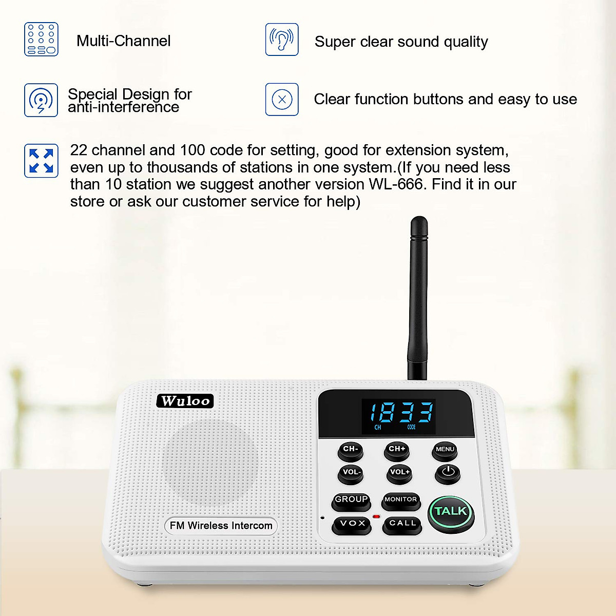 Wuloo Intercoms Wireless for Home 1 Mile Range 22 Channel 100 Digital Code Display Screen, Wireless Intercom System for Home House Business Office, Room to Room Intercom Communication(3Stations White)