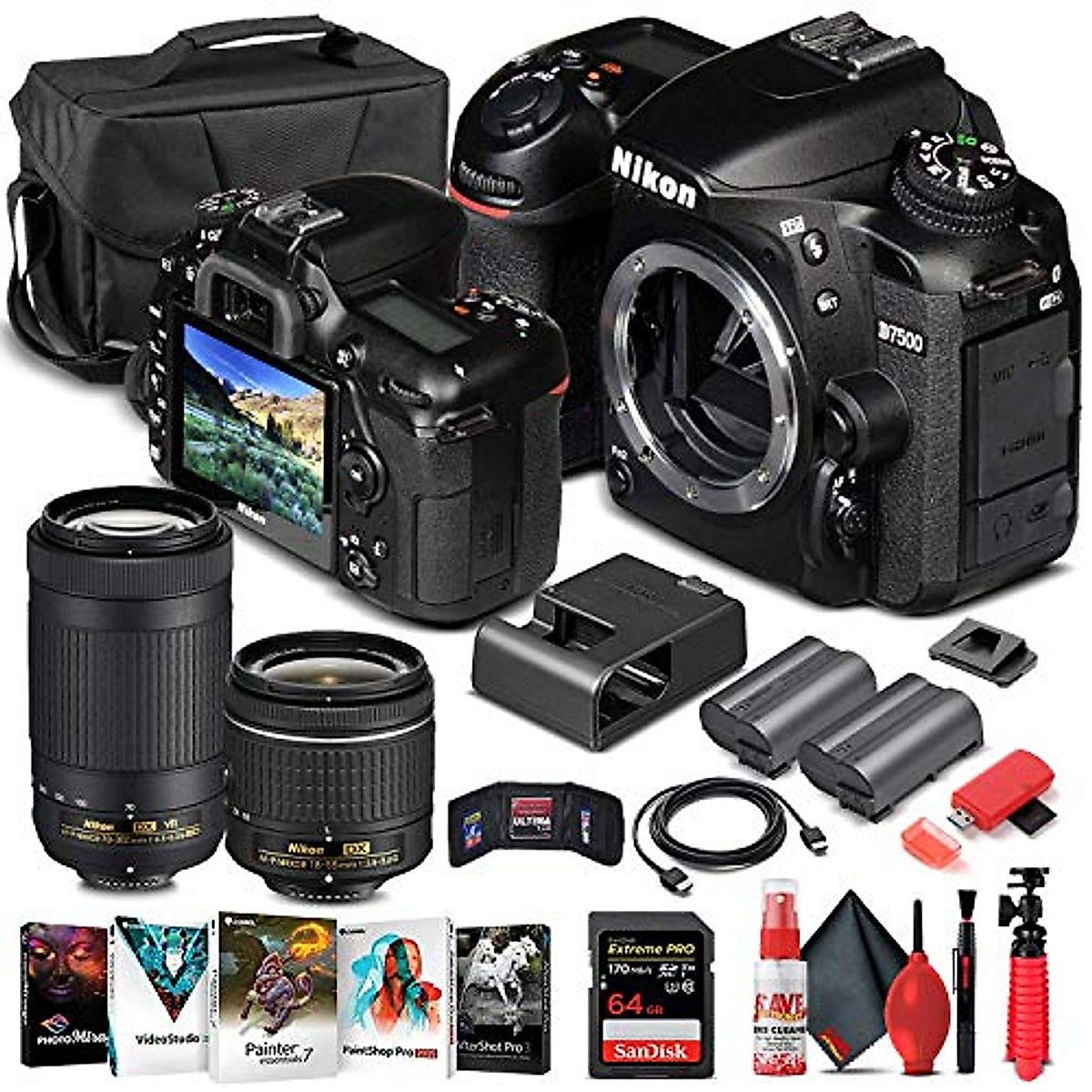 Nikon D7500 DSLR Camera (Body Only) (1581) + Nikon 70-300mm Lens + 18-55mm Lens + 64GB Memory Card + Case + Corel Photo Software + EN-EL 15 Battery + Card Reader + HDMI Cable + More (Renewed)