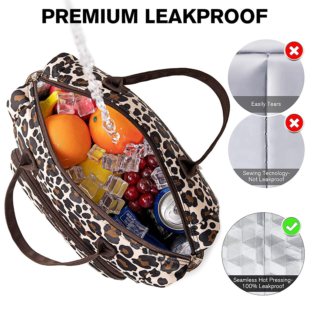 Fresh-flash Insulated Lunch Bag for Women Work, Leakproof Lunch Box Tote Bag, Wide Open Lunch Cooler Tote, Women Lunch Bags with Removable Shoulder Strap & Side Pockets-Leopard