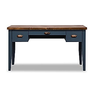 Bridgevine Home Desk, Nantucket Modern Farmhouse 3-Drawer Writing Desk, Small Desk 53 Inches, Fully Assembled Wooden Desk with Drawers, Poplar Solid Wood Desk, Blue Denim and Whiskey Finish